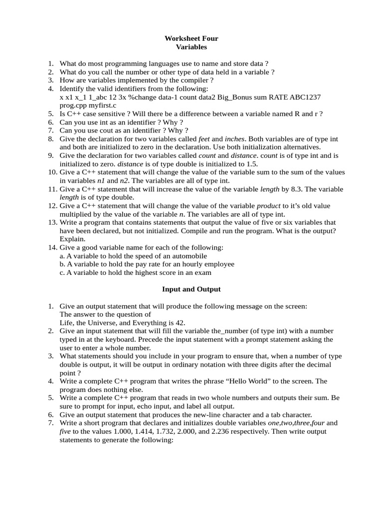 Worksheet Four | PDF | Variable (Computer Science) | C++
