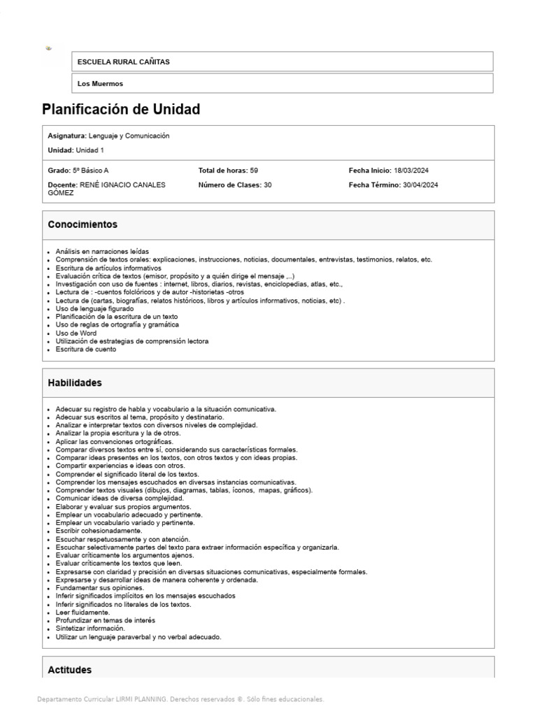 Planificación Unidad 1 Lenguaje 5º Básico | PDF | Comunicación ...