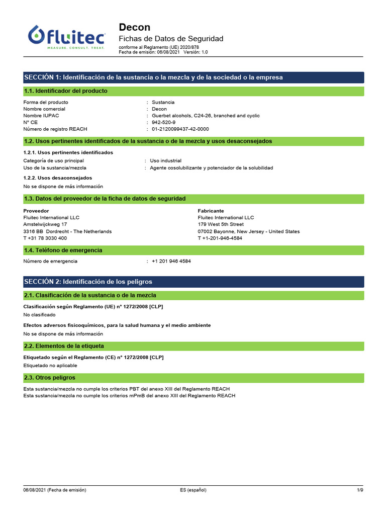 MSDS Decon - EU - ES - v. 1.0 | PDF | Higiene Ocupacional | Agua