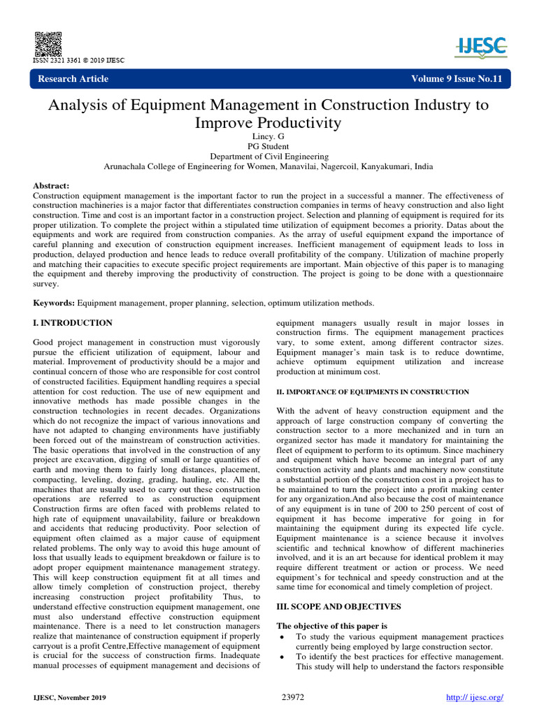 Analysis Of Equipment Management In Construction Industry To Improve