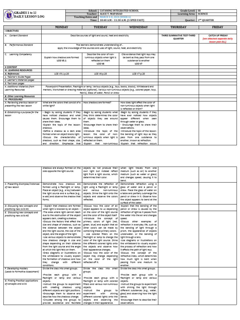 English DLL Science 3 q3 w6 | PDF | Light | Shadow