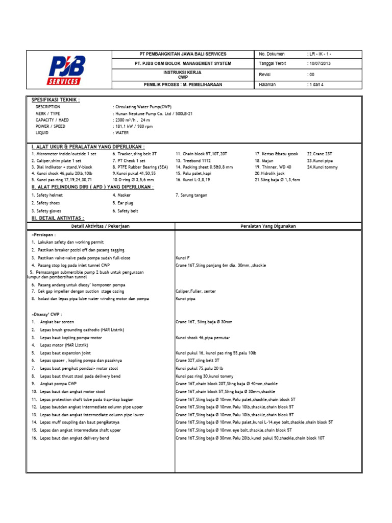 Instruksi Kerja CWP PJBS | PDF | Teknologi & Rekayasa