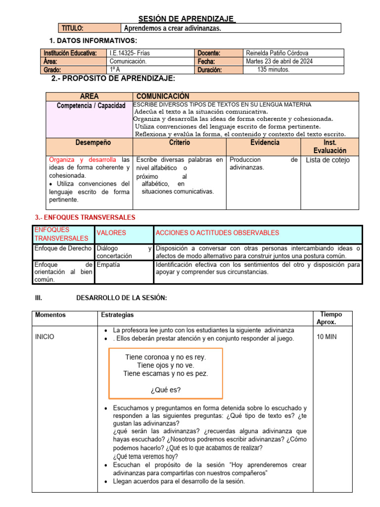 Sesion de Aprendizaje Creamos Adivinanzas | PDF | Aprendizaje | Evaluación