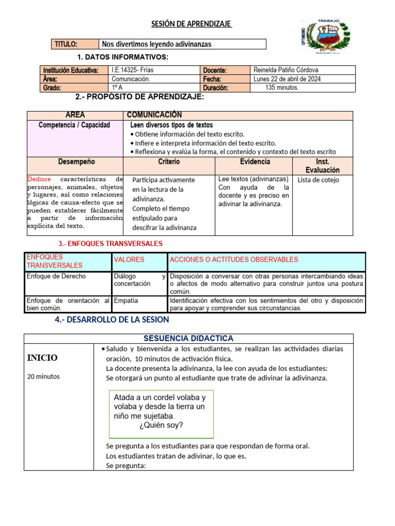 Sesión de Aprendizaje Nos Divertimos Leyendo Adivinanzas | PDF | Aprendizaje | Evaluación