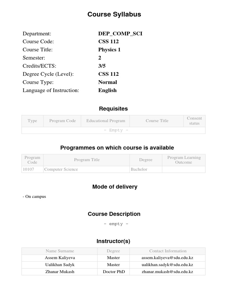 Physics Syllabus | PDF | Academic Degree | Physics