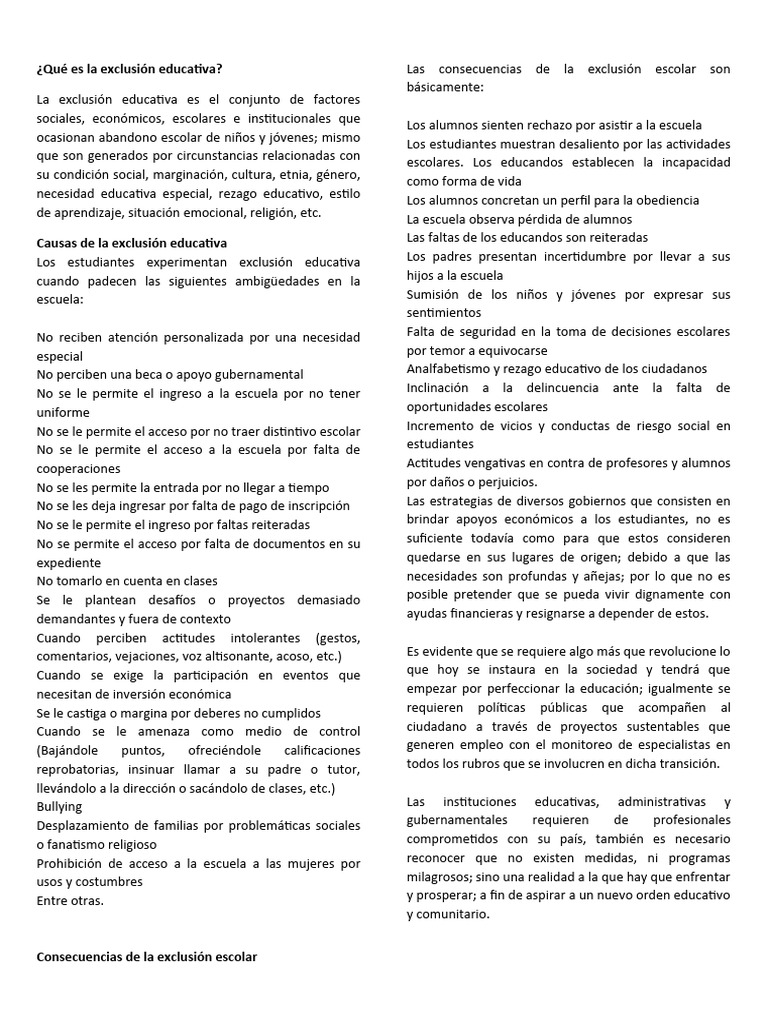 Causas y Consecuencias de la Exclusión Escolar | PDF | Exclusión social ...
