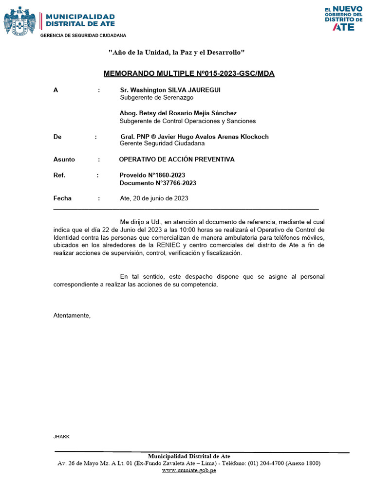 MEMORANDO MULTIPLE Nº015-2023-GSC-MDA - Docx - DOCUMENTO FISCALIA | PDF