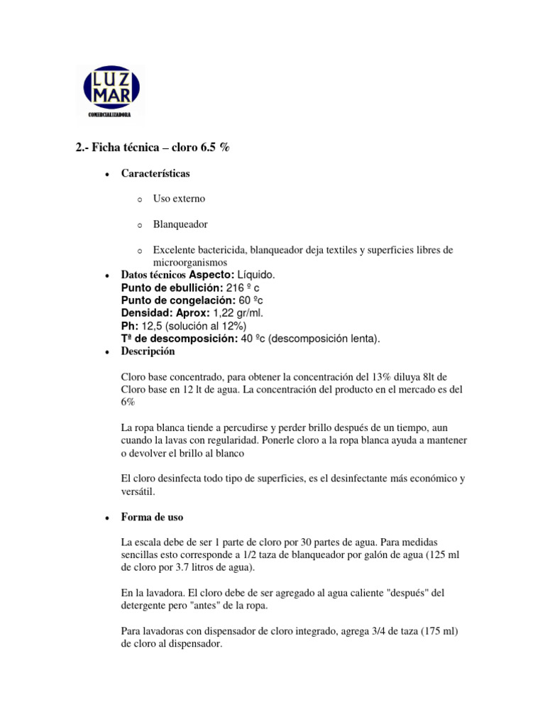 FICHA TEC. CLORO AL 6.5% PDF | PDF | Agua | Sustancias químicas