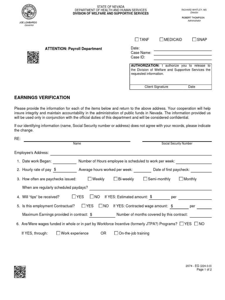 2074-EG - Earnings Verification | PDF | Employment | Social Security ...