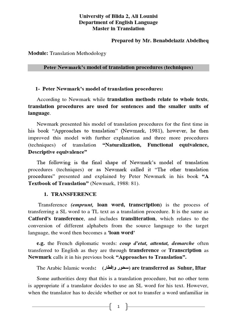 4 Peter Newmark's Model of Translation Procedures Techniques ...