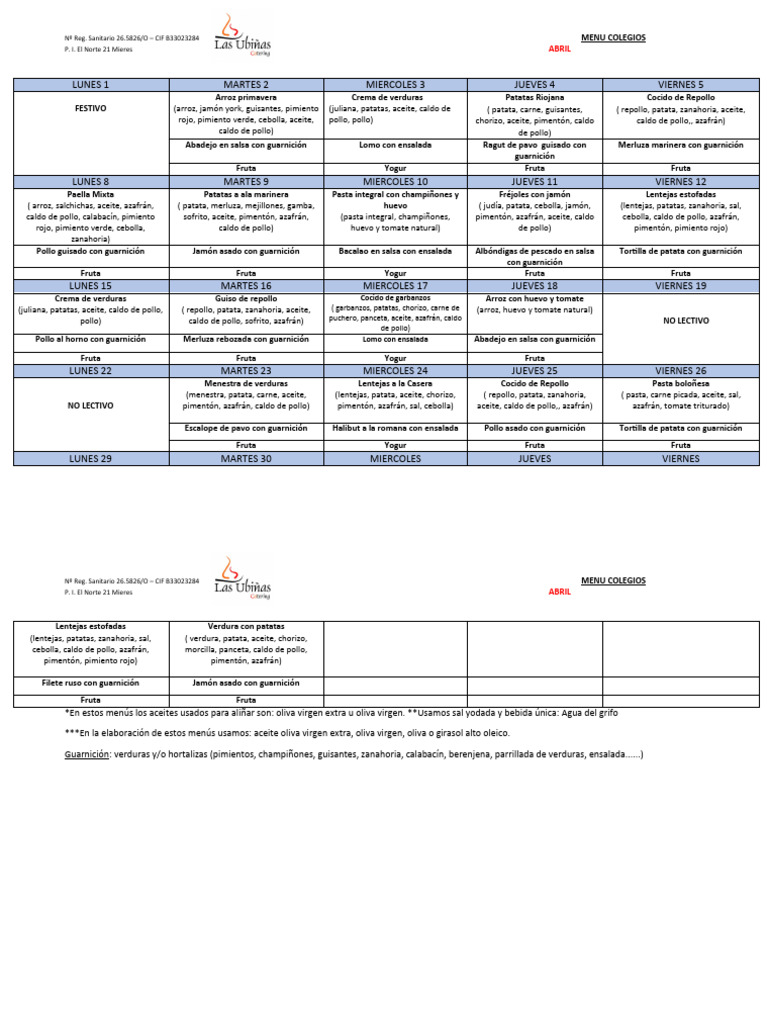 Menu Basal Colegiosabril 2024 Con Desglose | PDF | Caldo | Sopa de pollo