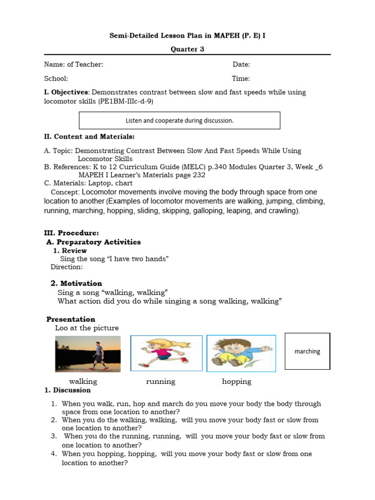 Locomotor Skills Lesson Plan | PDF | Human Communication | Education Theory