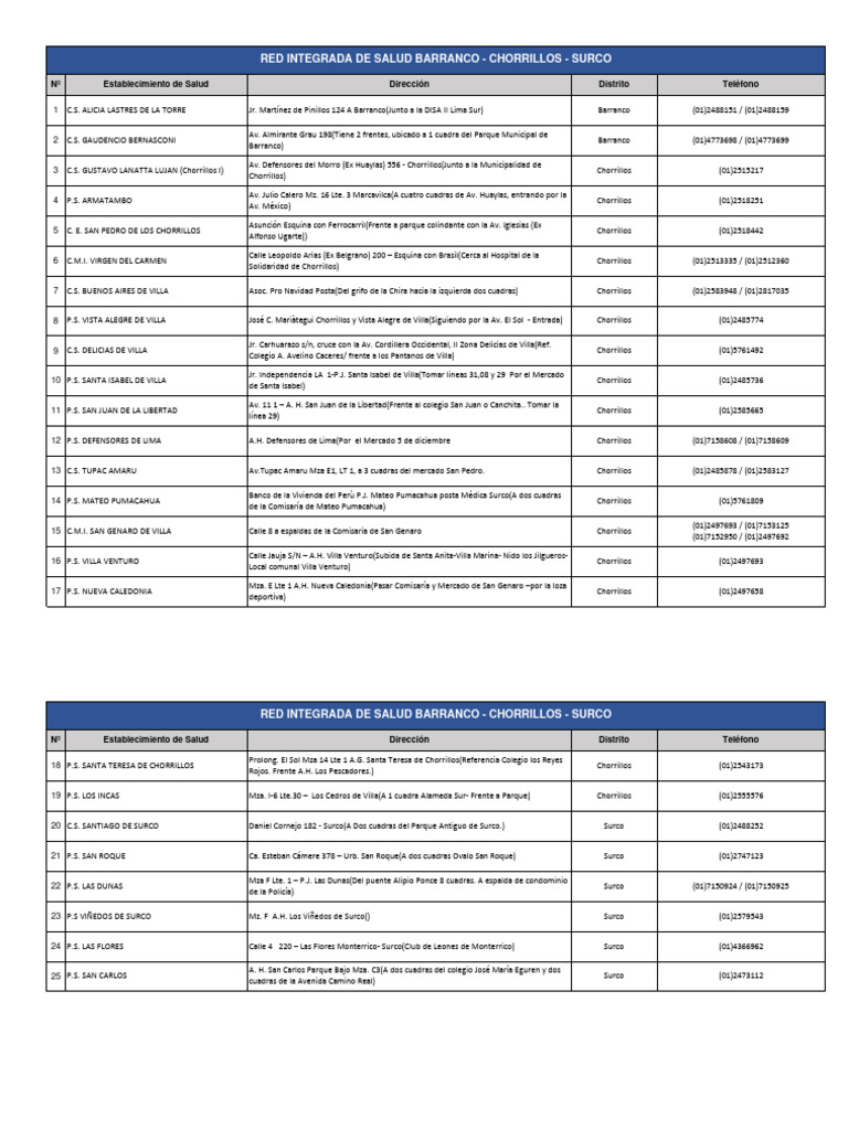 Centros de Salud Barranco-Chorrillos-Surco | PDF | Perú