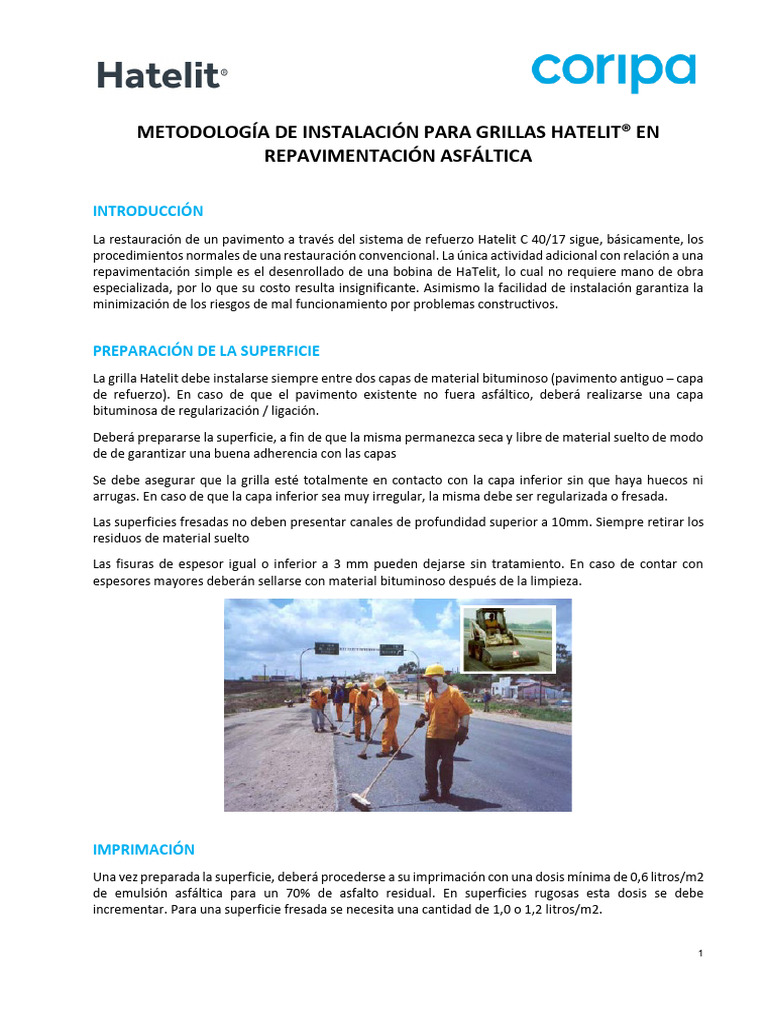 Instalación de Grillas Hatelit en Repavimentación | PDF