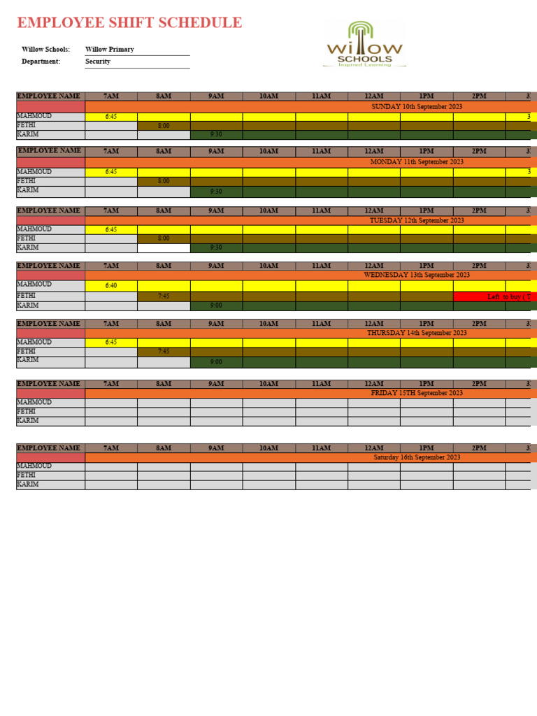 Employee Shift Schedule SECURITY | PDF