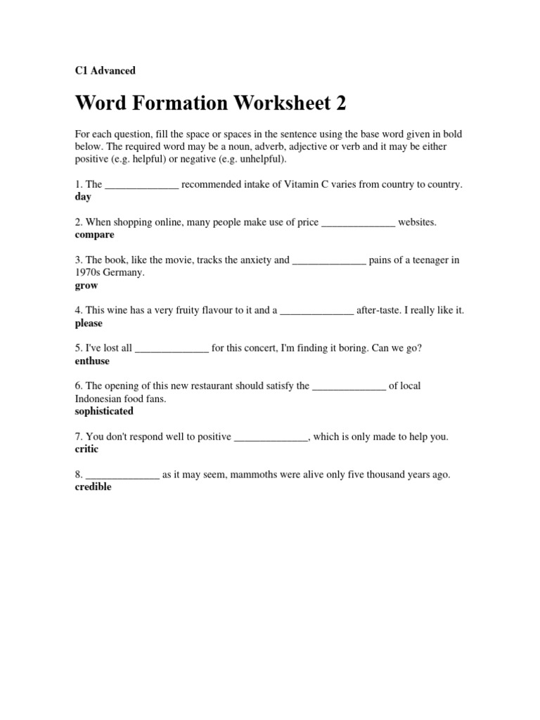 C1 Advanced Word Formation Worksheet 2 | PDF | Career & Growth