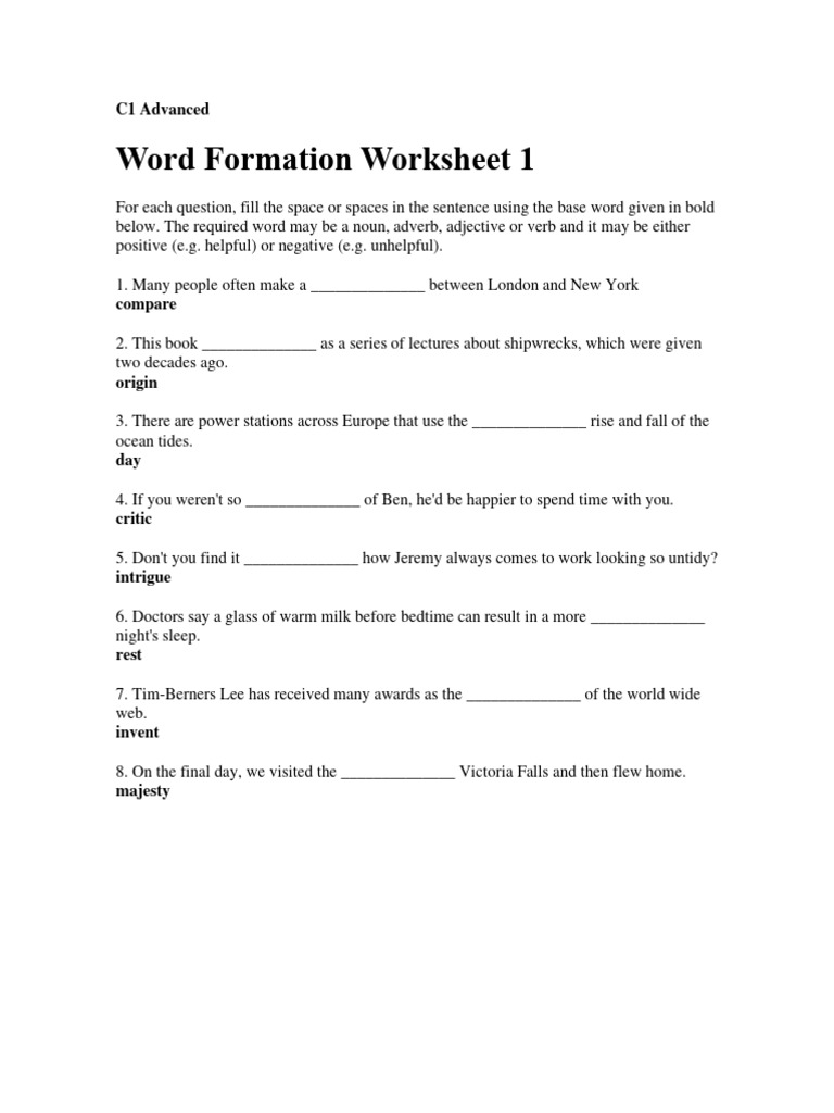 C1 Advanced - Word Formation Worksheet 1 | PDF