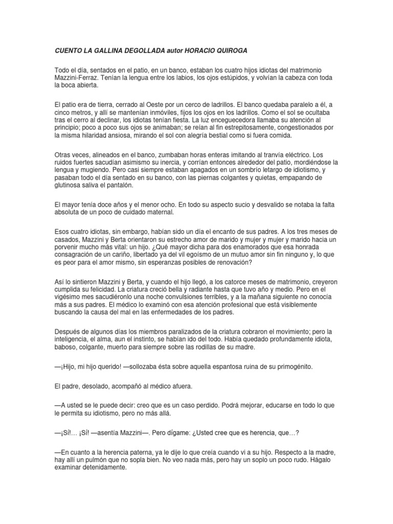 CUENTO LA GALLINA DEGOLLADA Autor HORACIO QUIROGA | PDF | Amor