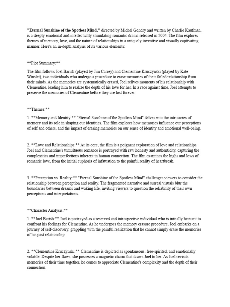 Eternal Sunshine of The Spotless Mind Film Analysis | PDF