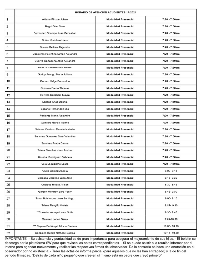 Horario Atención Padres 1P - 2024 | PDF