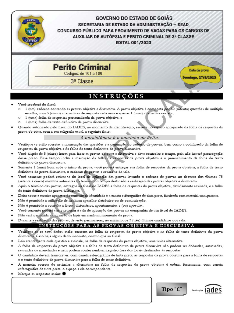 Iades 2023 Policia Cientifica Go Perito Criminal De 3 Classe Prova