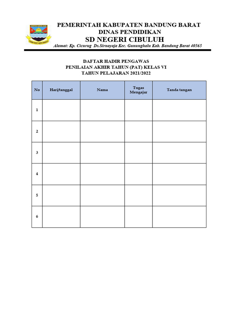 ADMIN PAT kelas 6 2021 2022 DAFTAR HADIR PENGAWAS | PDF