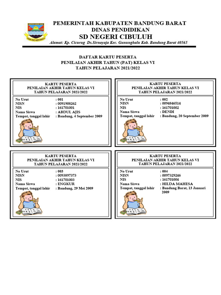 ADMIN PAT Kelas 6 2021 2022 Kartu PESERTA | PDF