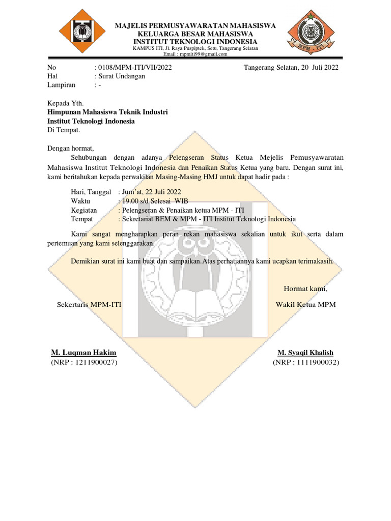 Surat Undangan (Pelengseran Dan Penaikan Ketua MPM-ITI) 2022-2023 | PDF Surat Undangan (Pelengseran Dan Penaikan Ketua MPM-ITI) 2022-2023 | PDF