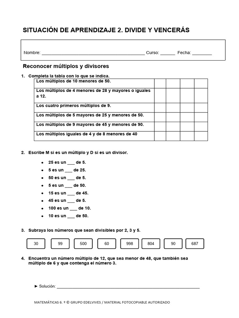 Múltiplos y Divisores en Matemáticas 6 | PDF | División (Matemáticas ...