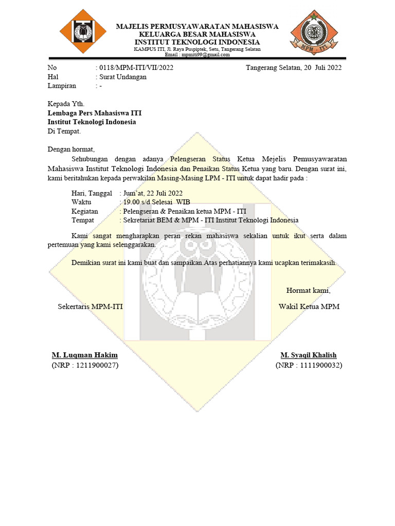 Surat Undangan LPM-ITI (Pelengseran Dan Penaikan Ketua MPM-ITI) 2022 ...