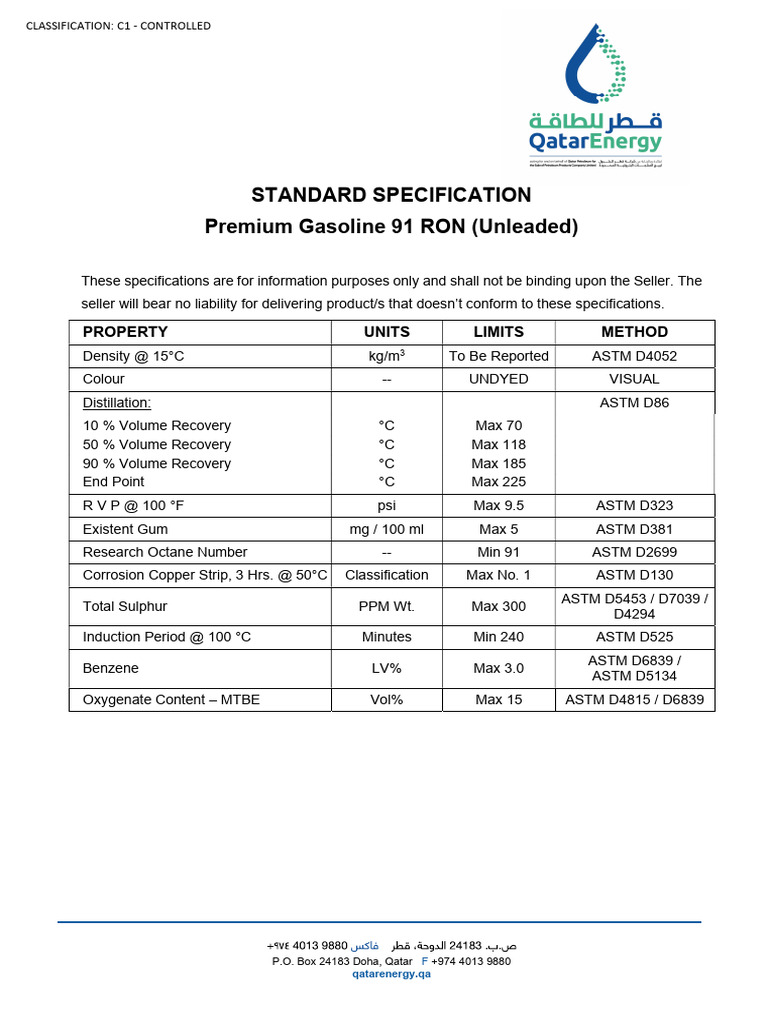 Premium Gasoline 91 RON | PDF | Gasoline | Chemical Energy Sources