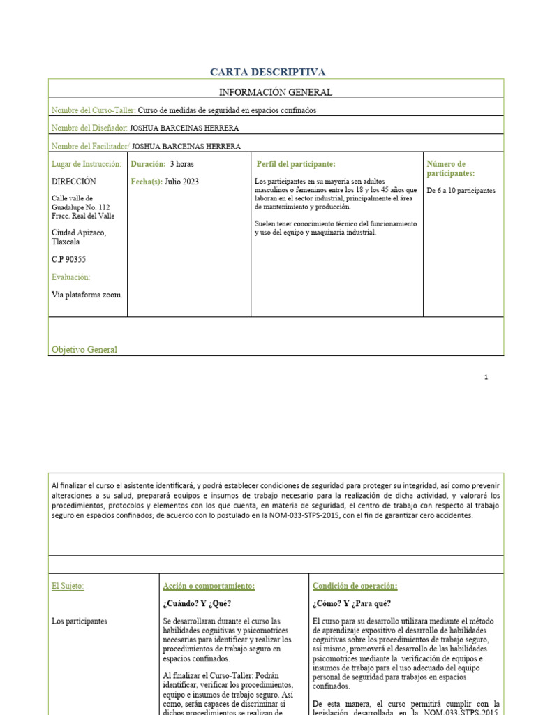 CARTA DESCRIPTIVA PARA EC0301 Joshua 21 07 2023 | PDF | Evaluación | Oxígeno