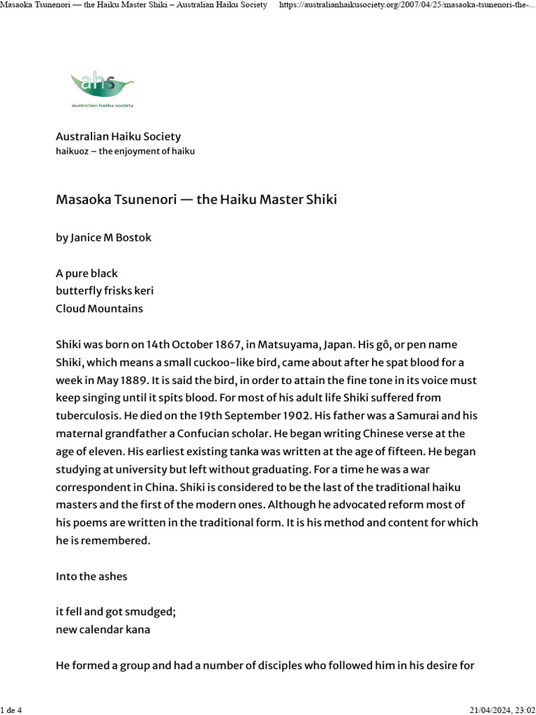 Masaoka Tsunenori - The Haiku Master Shiki - Australian Haiku Society | PDF | Haiku | Japanese ...