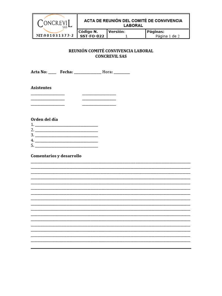 Anexo 9.1 SST-FO-022 Acta de Reunión CCL CONCREVIL SAS | PDF