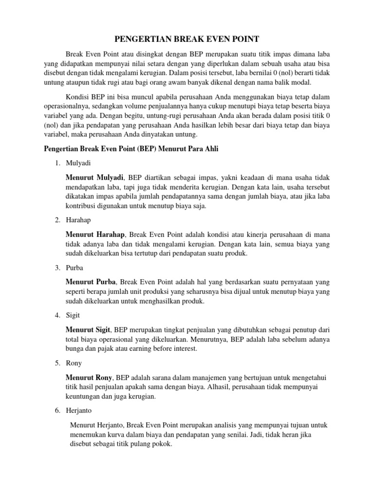 Pengertian dan Fungsi Break Even Point | PDF