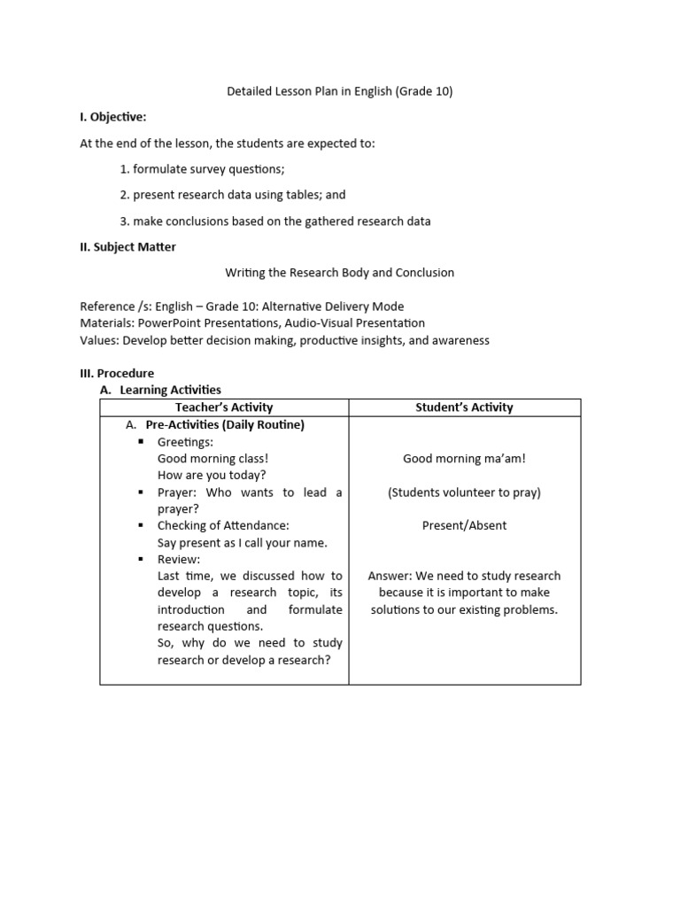 Grade 10 Research Writing Lesson Plan | PDF | Survey Methodology | Chart