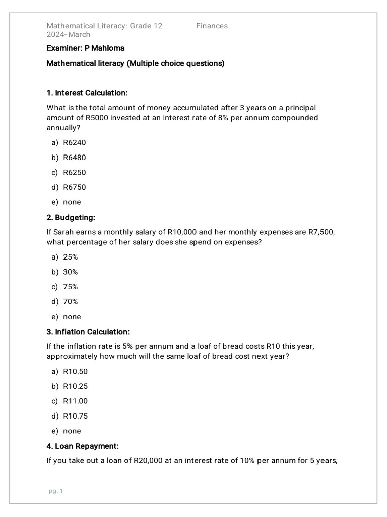 Maths Lit Quiz 1 | PDF