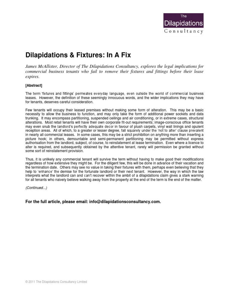Dilapidations & Fixtures - in A Fix (Article) (2011) ABSTRACT | PDF