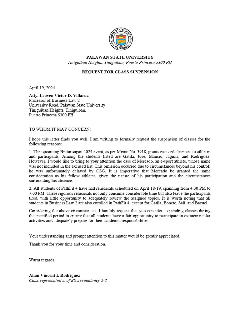 Letter For Class Suspension | PDF | Social Science | Law