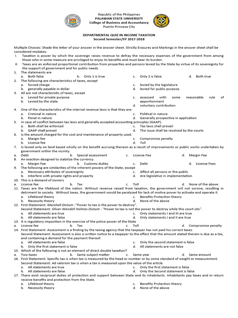 Tax 1 Quiz 1 | PDF | Taxes | Taxpayer
