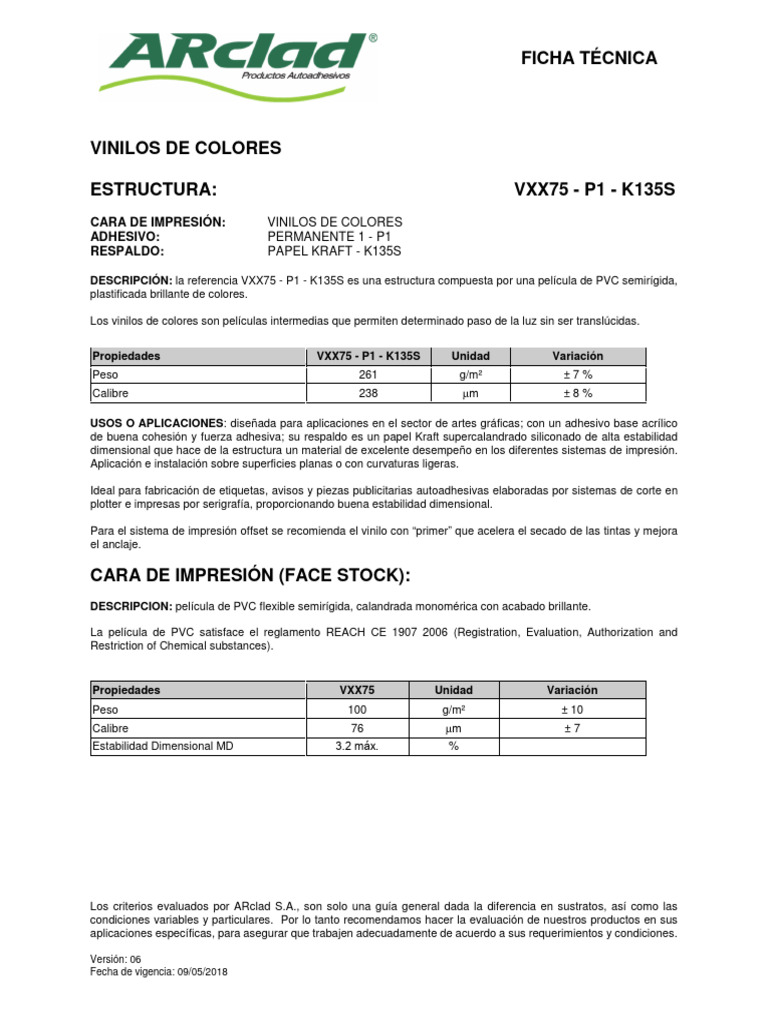 Ficha Tecnica Arclad Colores WVXX75-P1-K135S-V06 | PDF | Adhesión | Cloruro de polivinilo