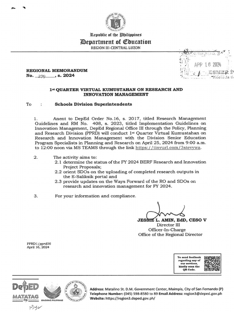 RM NO. 279S.2024 1st QUARTER VIRTUAL KUMUSTAHAN ON RESEARCH AND ...