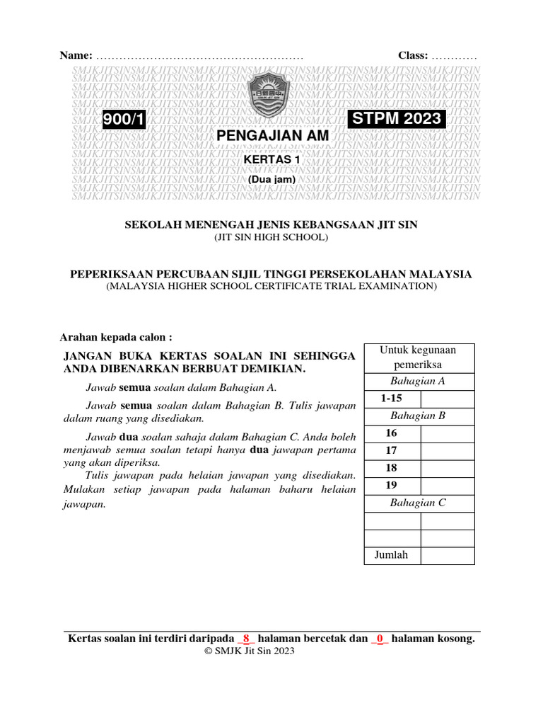 Soalan Trial Pengajian Am Sem 1 2023 SMJK JIT SIN | PDF