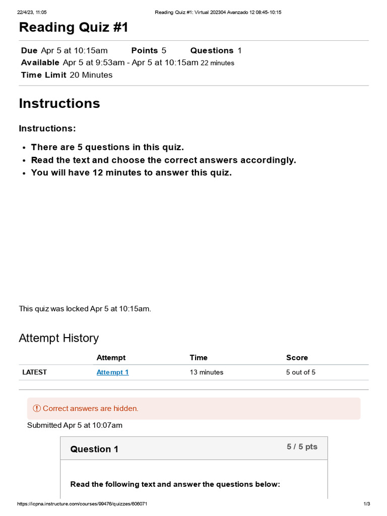 Reading Quiz #1: Attempt History | PDF | Teachers | Human Communication