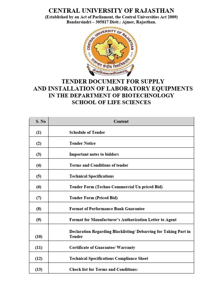 Tender Document For Supply, Installation of Refrigerated Centrifuge With Swing Bucket Rotor and ...