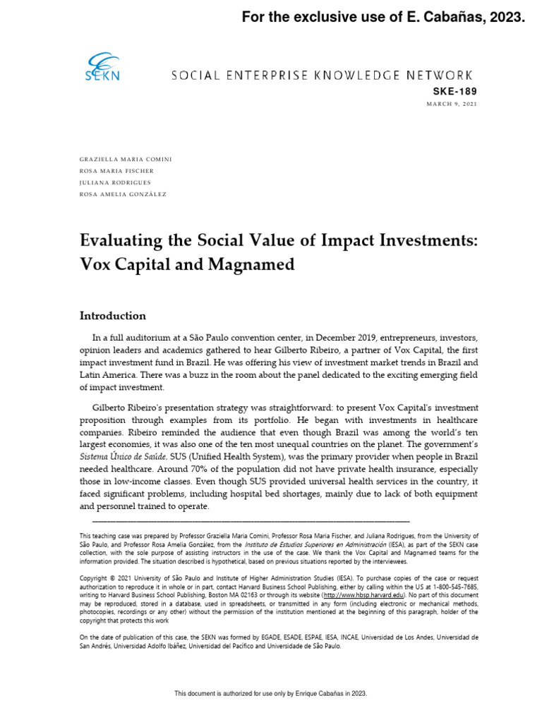 Evaluating The Social Value of Impact Investments: Vox Capital and ...