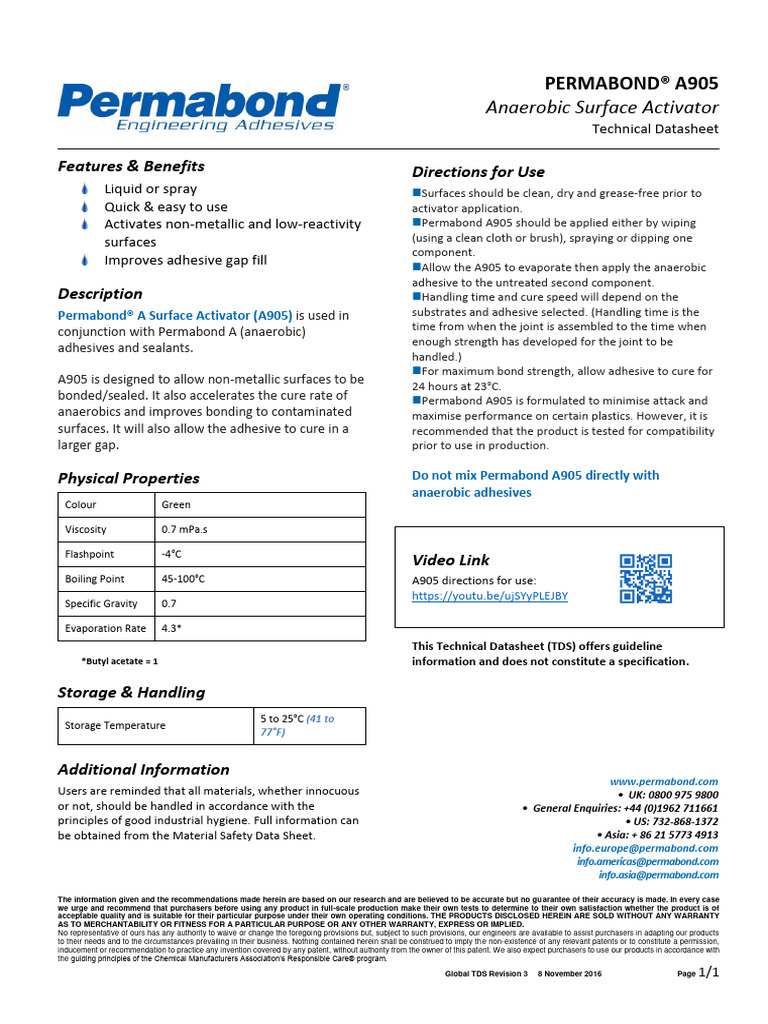 Permabond A905 - TDS | Download Free PDF | Adhesive | Materials