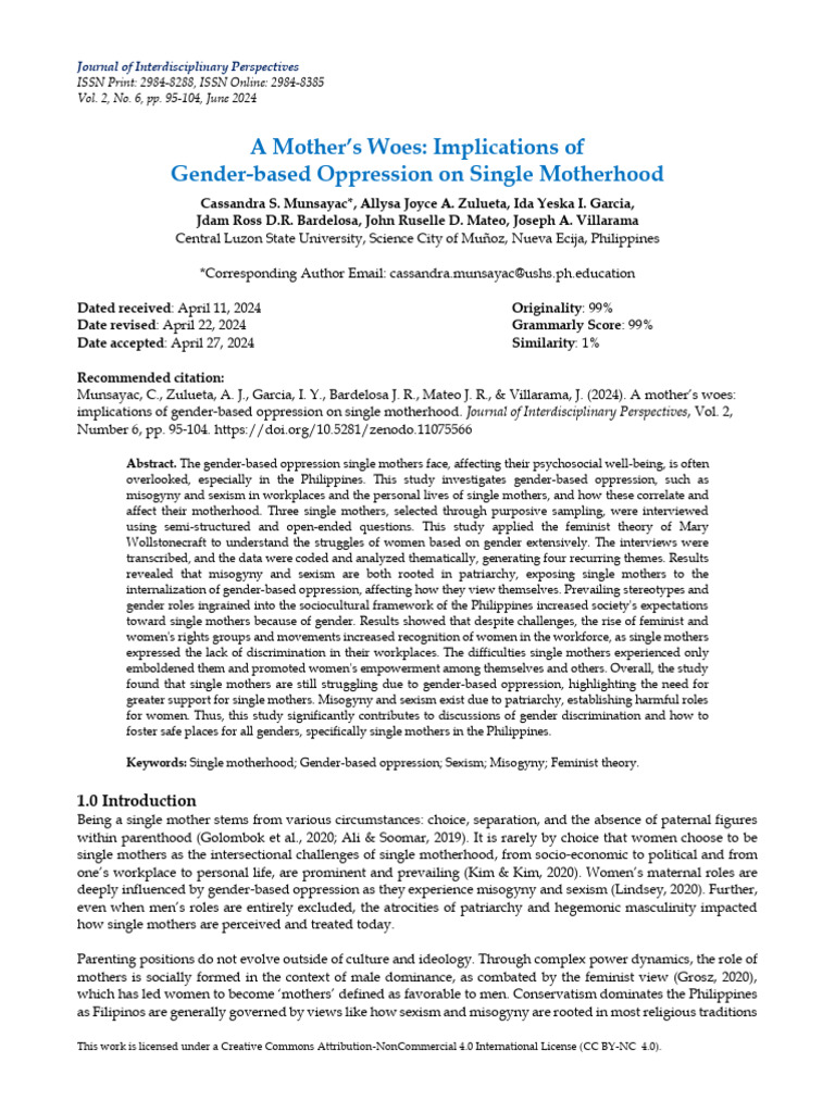 A Mother's Woes: Implications of Gender-Based Oppression On Single ...