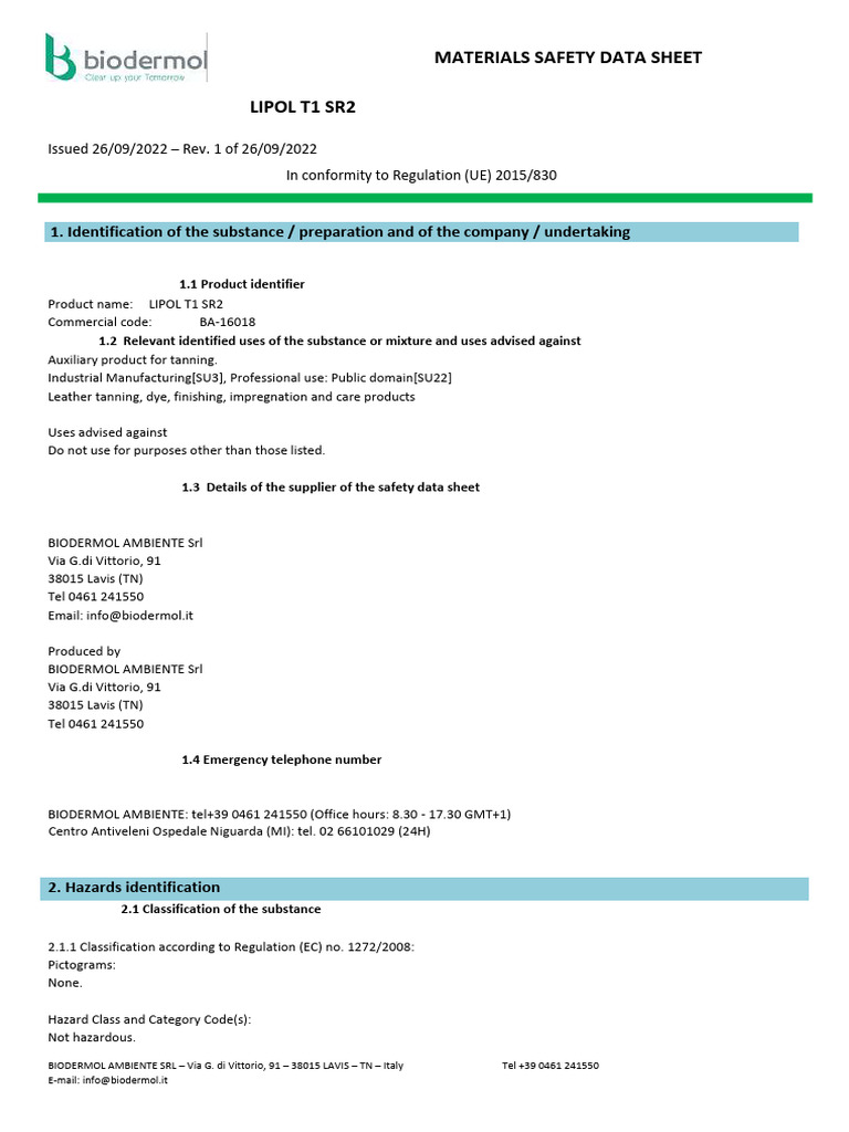 MSDS Lipol T1 SR2 Eng Rev. 1 | PDF | Workplace | Working Conditions