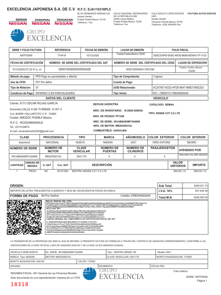 Factura Nissan Sentra 2021 Exelencia | PDF | Vehículos terrestres | Industria automotriz